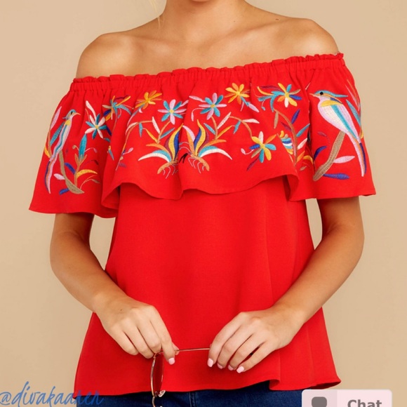 Tops | Embroidered Red Top Sleeveless Off Shoulder | Poshmark